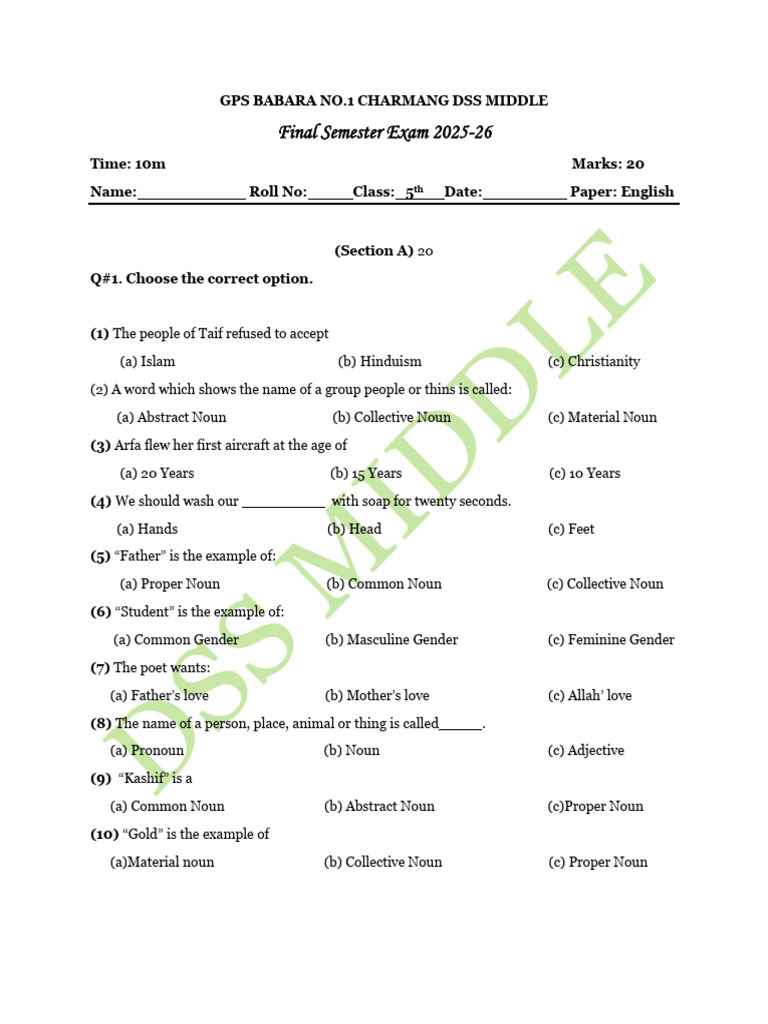 5th Grade English Final Exam 2025-26 | PDF | Noun | Grammatical Gender