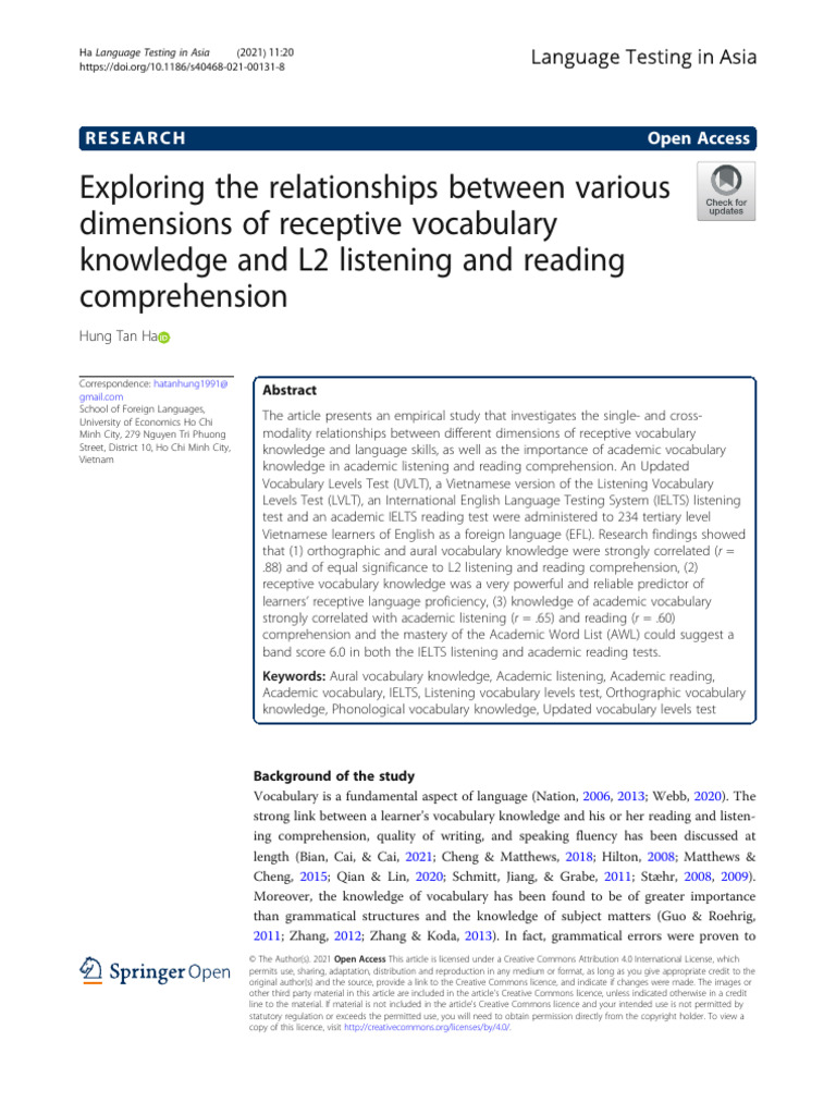 Vocabulary Knowledge and L2 Comprehension | PDF | Vocabulary ...