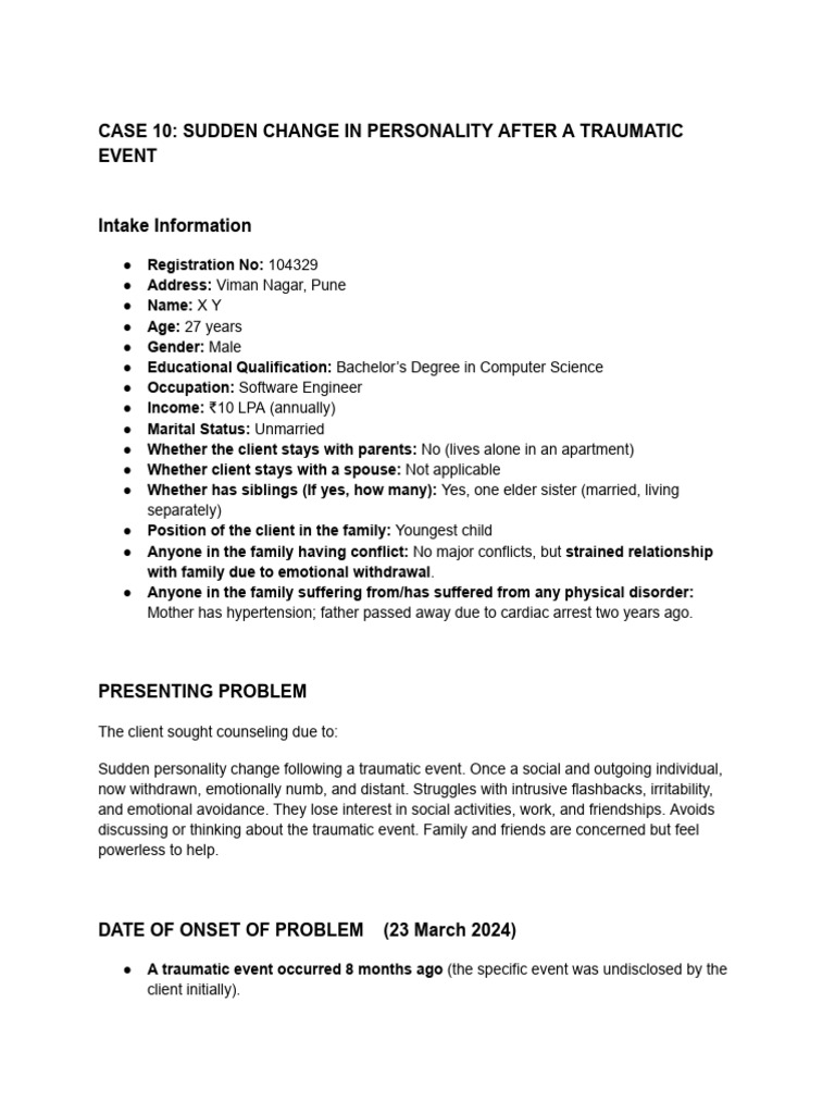 Case 10 - Sudden Change in Personality After A Traumatic Event | PDF ...