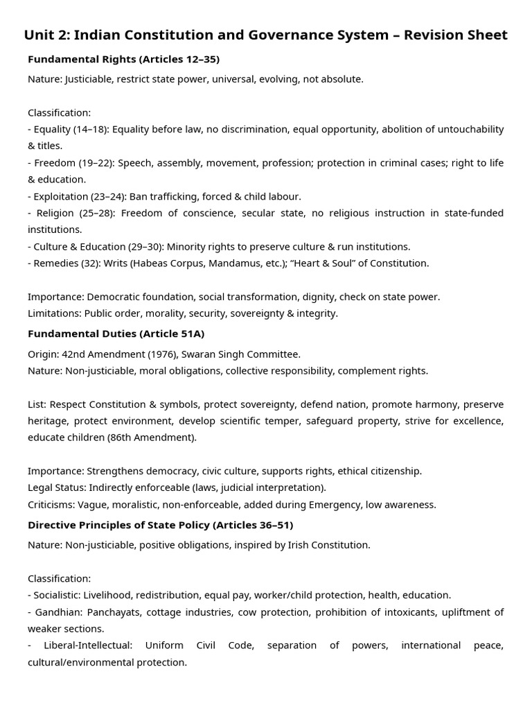 Unit2 Indian Constitution Revision | PDF | Government | Justice