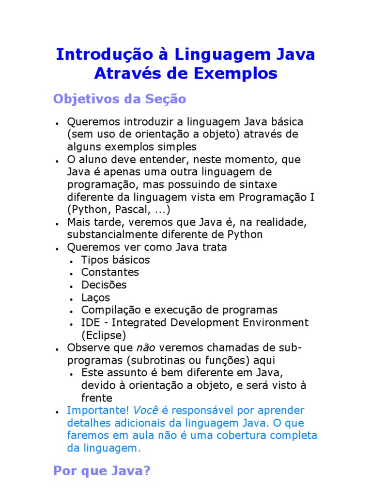 Introdução À Linguagem Java Através De Exemplos Pdf Java Linguagem