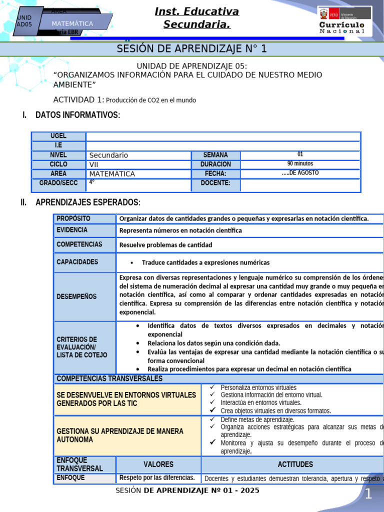 SESIÓN 1 (U5) (4° Grado) - MATEMÁTICA | PDF | Aprendizaje | Dióxido de ...