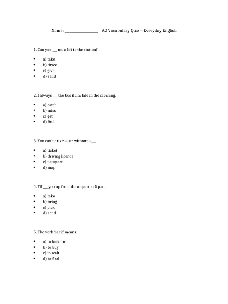 A2 Everyday English Vocabulary Quiz | PDF