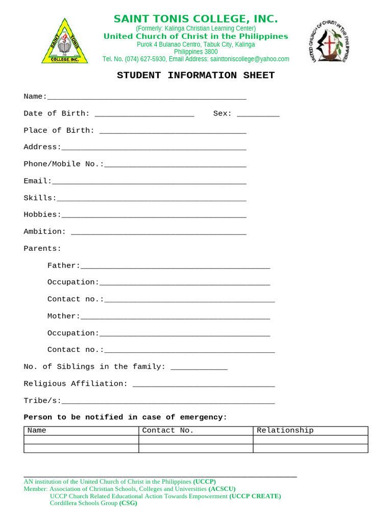 Saint Tonis College Student Info Sheet | PDF | Religious Organizations ...