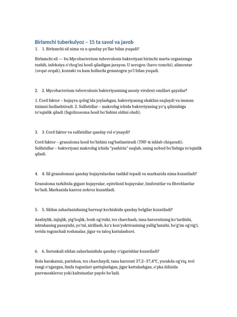 Birlamchi Tuberkulyoz Savol Javoblar-1 | PDF