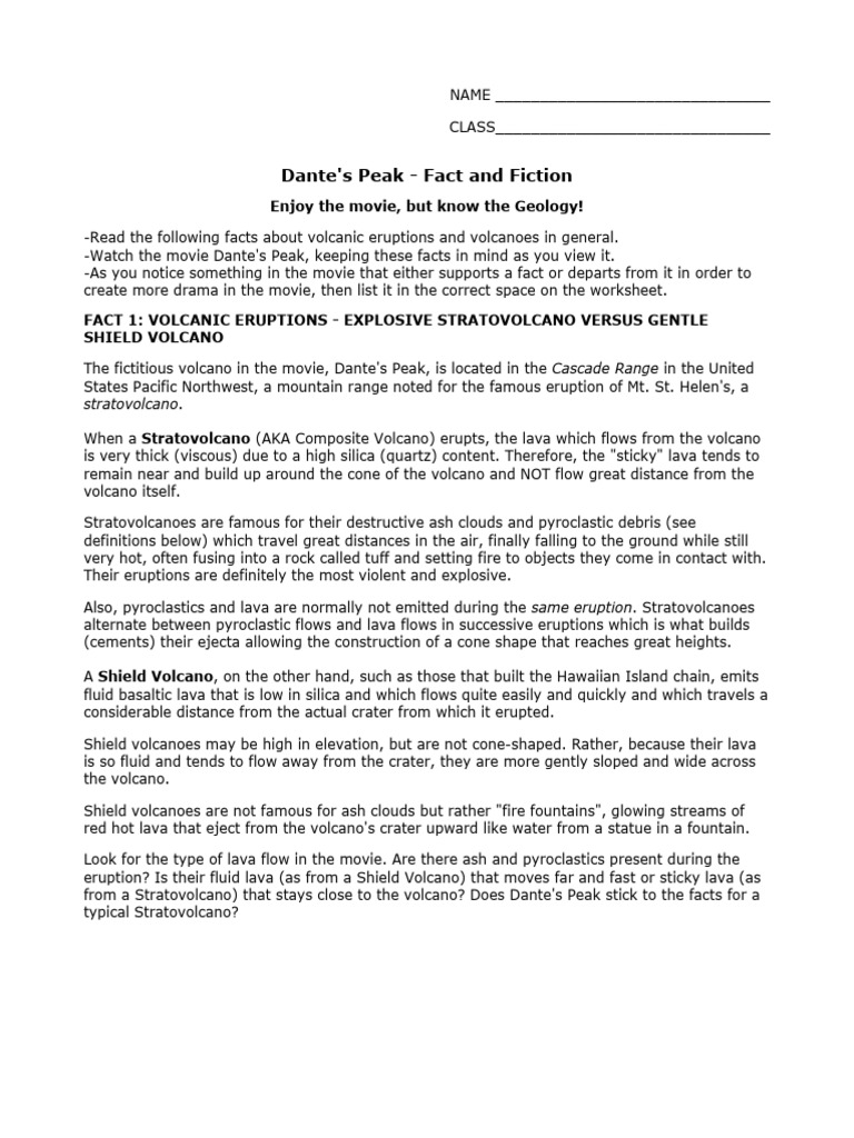 Dantes Peak Fact Sheet | PDF | Lava | Volcano