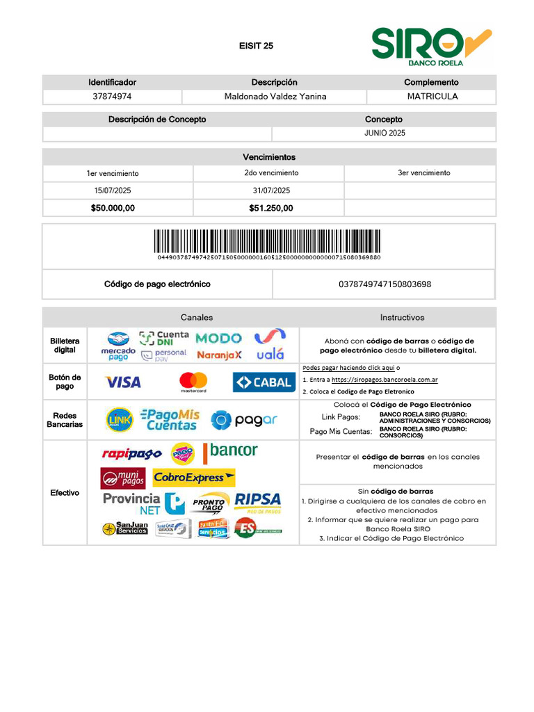 Cupon 0378749747150803698 00625 30062025 040816 | PDF | Tecnología bancaria | Pagos