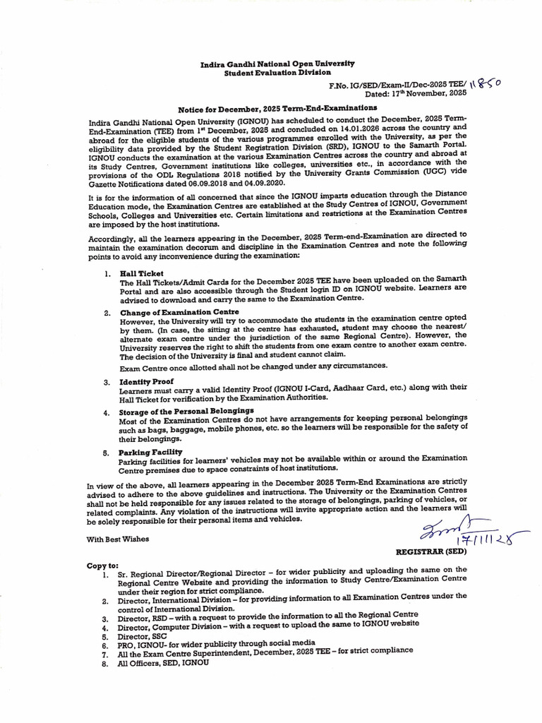 IGNOU December 2025 Exam Notice | PDF