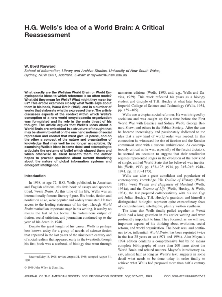 HG Wells Idea of World Brain - Rayward | PDF