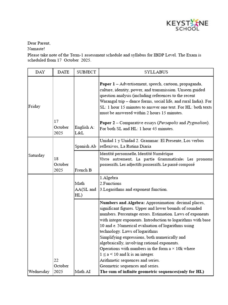 IBDP Term-1 Assessment Schedule 2025 | PDF | Exponentiation | Mathematics
