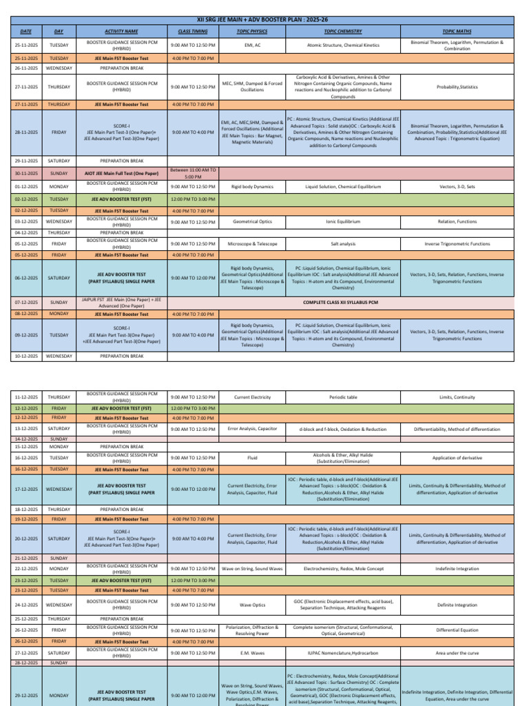 JEE Main & Advanced Booster Schedule 2025-26 | PDF | Heat | Chemistry