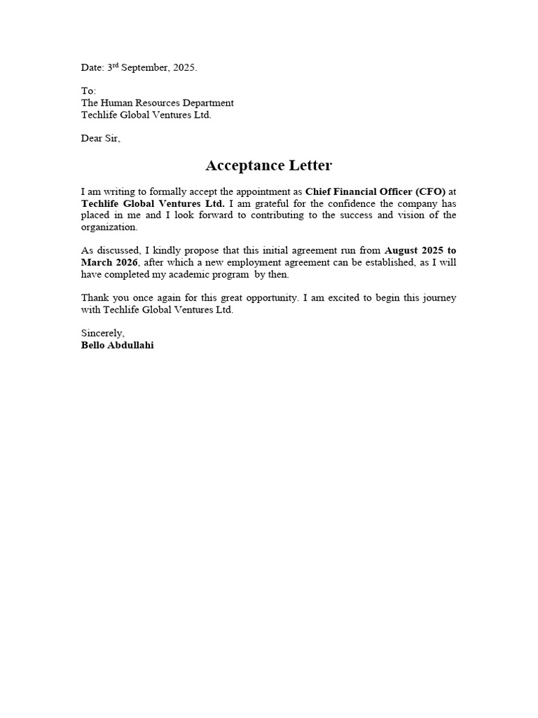 CFO Acceptance Letter | PDF