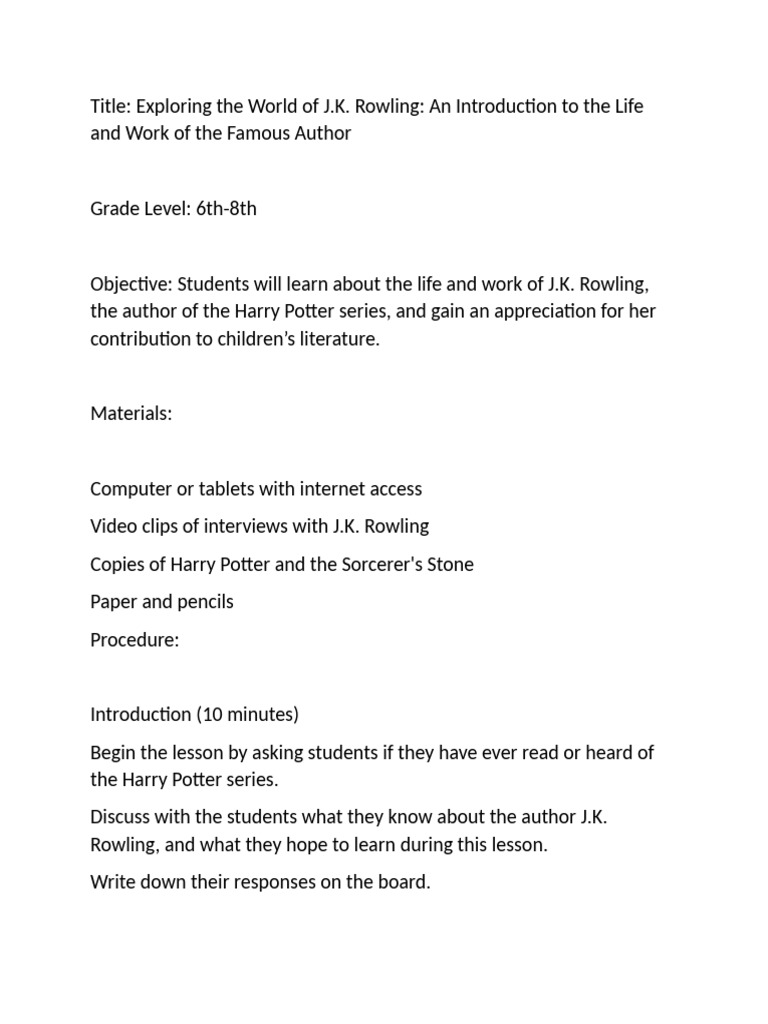 Lesson Plan Rowling History and Philosphy | PDF | Harry Potter | J. K ...