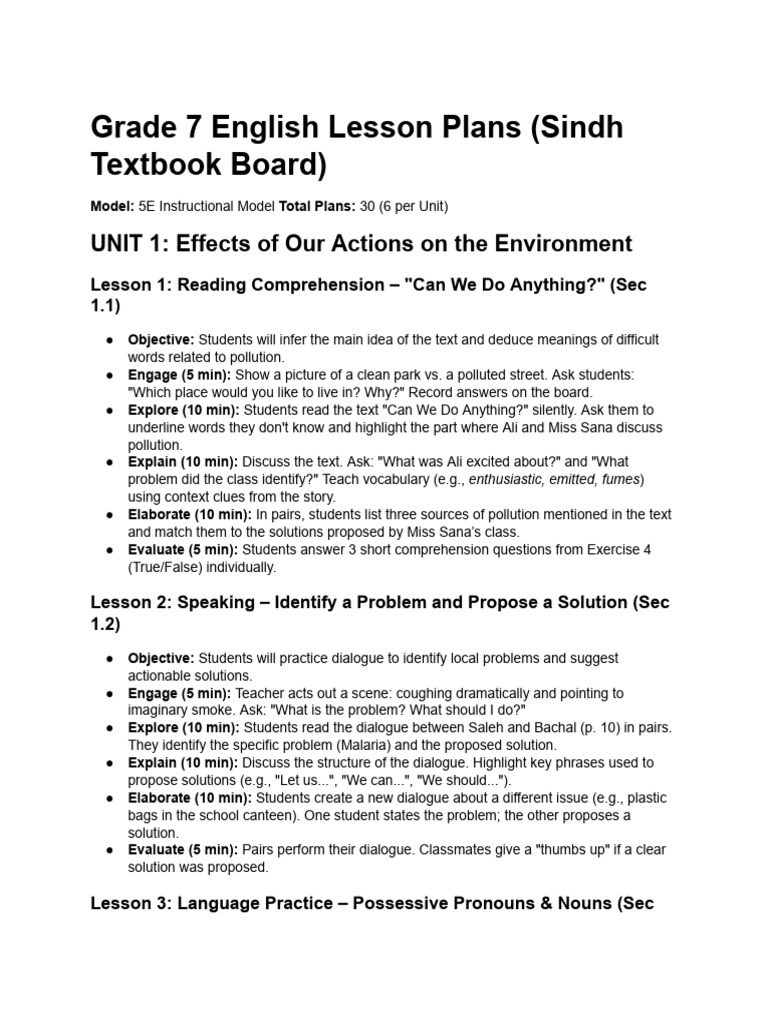 Grade 7 English Lesson Plans - MD | PDF | Reading Comprehension | Pronoun