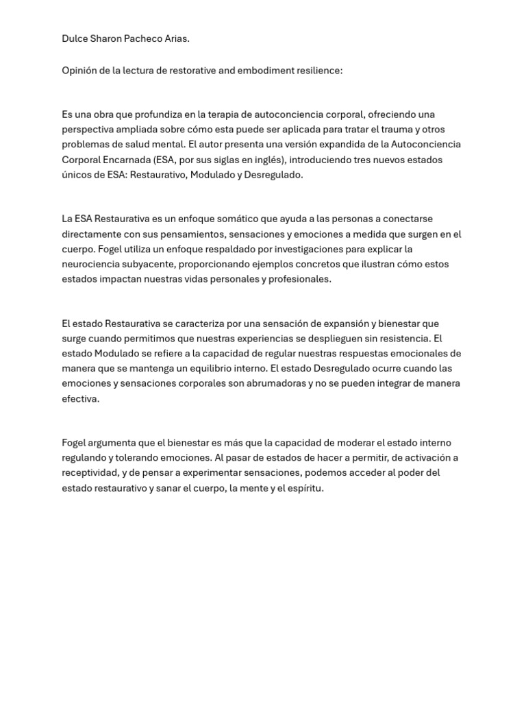 Opini-N Sobre Restorative Embodiment and Resilience | PDF