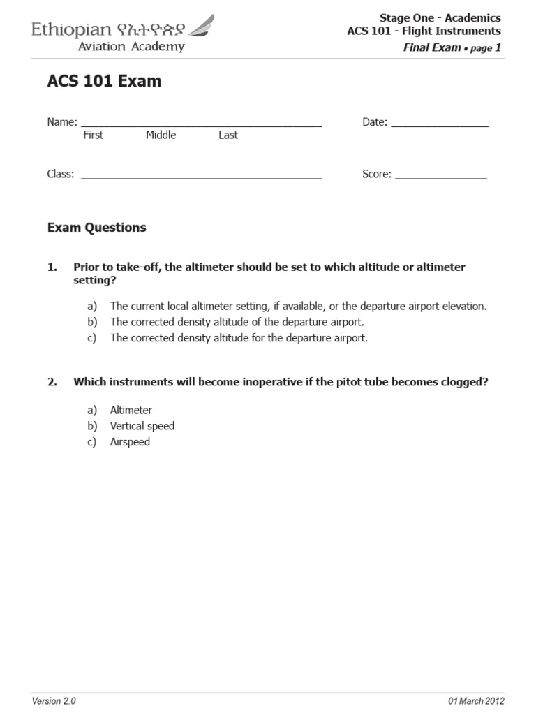 ACS 101 Flight Instruments Exam Guide | PDF | Airspeed | Altitude