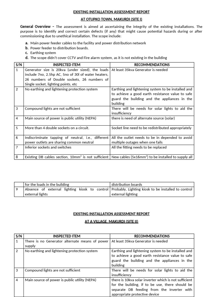 Electrical Installation Assessment Report at Makurdi | PDF | Ac Power ...