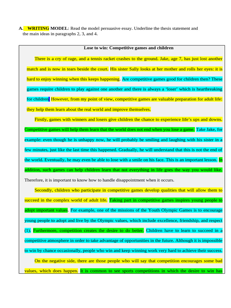 Model Essay 1 - Competitive Games and Children | PDF | Social ...