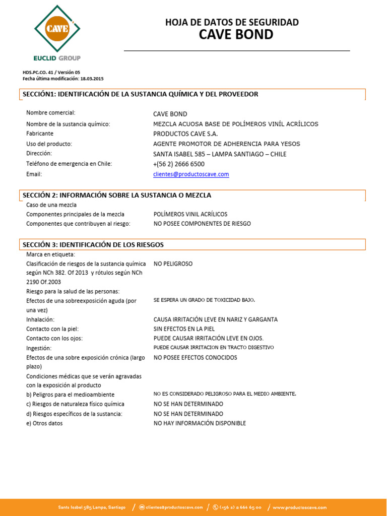 Hoja de Seguridad CAVE BOND | PDF | Agua | Residuos