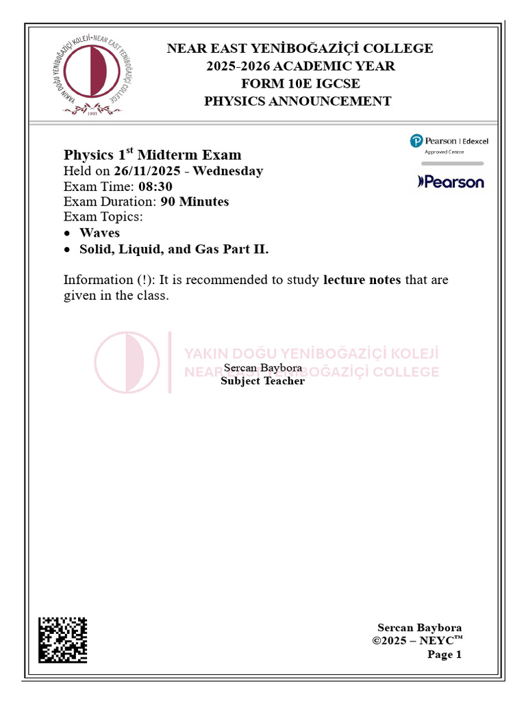 IGCSE Physics Midterm Exam Details | PDF
