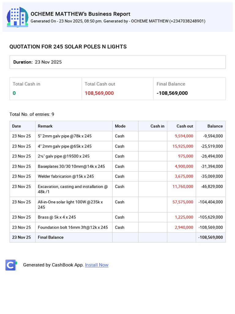 Quotation For 245 Solar Poles N Lights 23-11-2025!20!50-51@cashbook | PDF