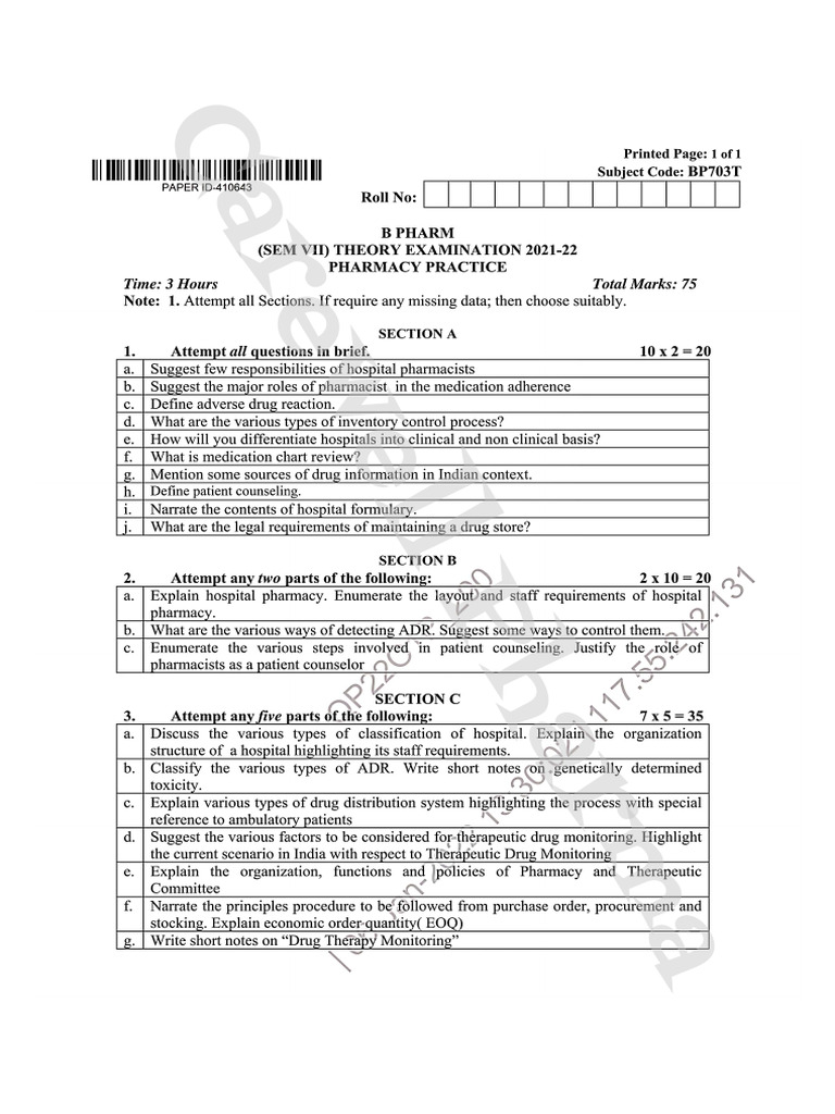 Pharmacy Practice, 7th Sem, AKTU Previous Year Question Paper, Carewell ...