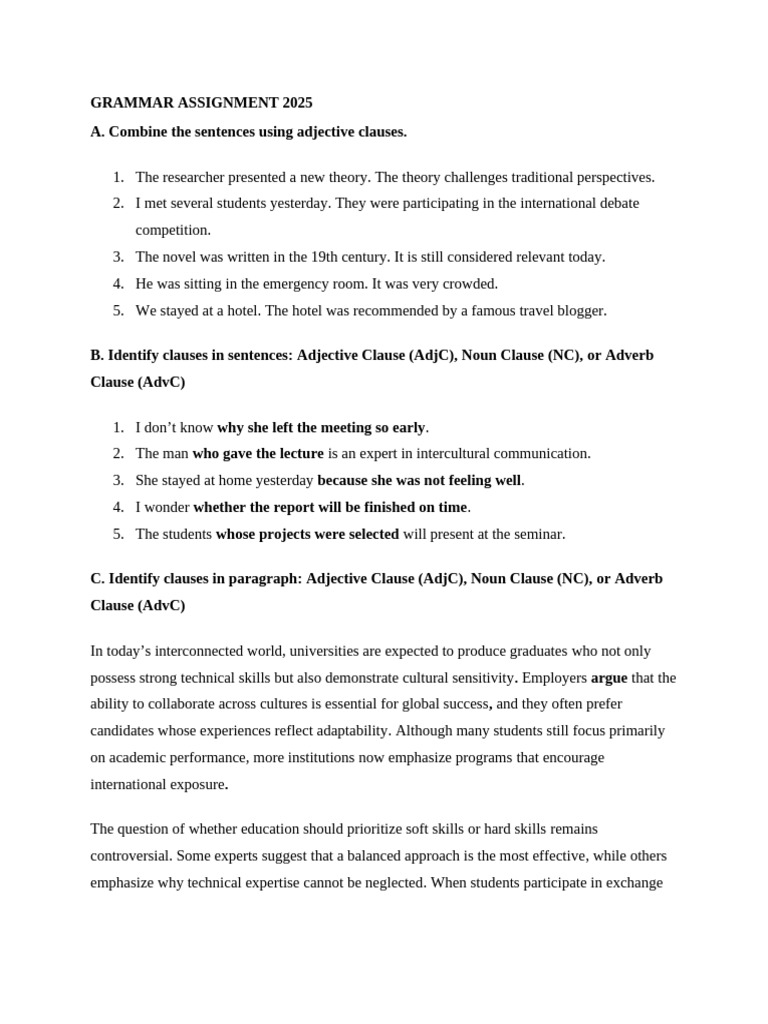 Grammar Assignment: Clause Identification and Correction | PDF | Clause ...