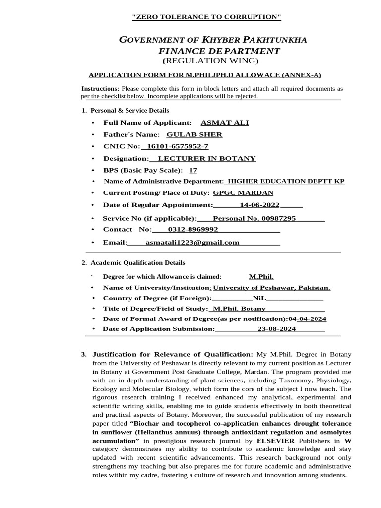 Asmat Ali MPhil. Allowance Finance Proforma | PDF | Biology