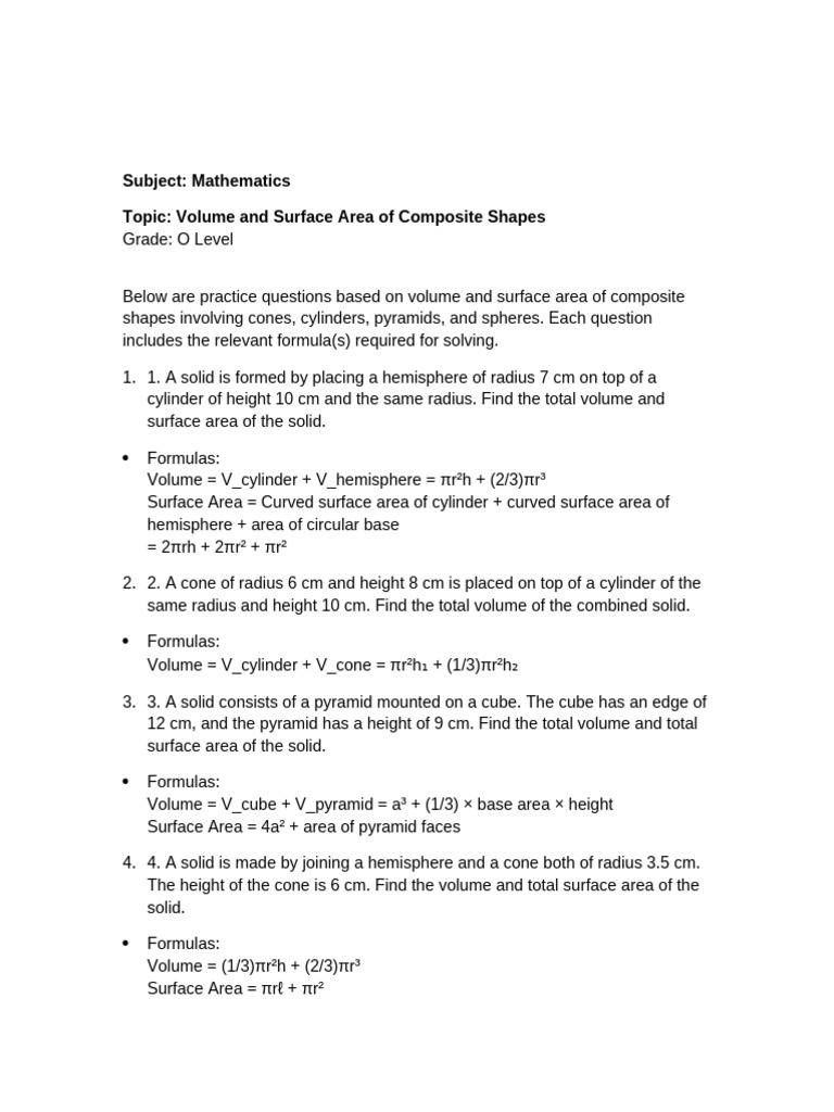 Volume and Surface Area Composite Shapes O Level | PDF