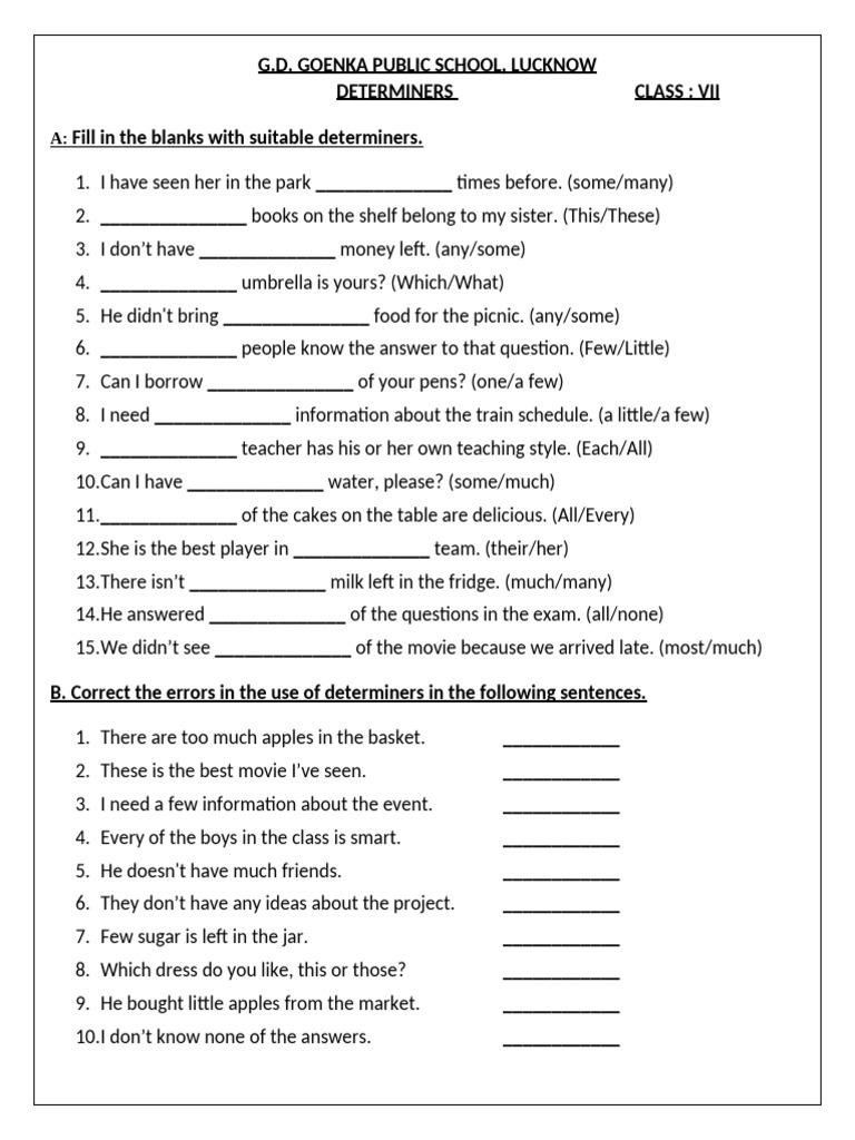 Worksheet Determiners Class VII | PDF