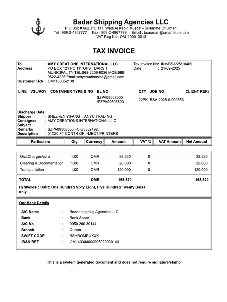 Amy Creations Invoice - FCL | PDF