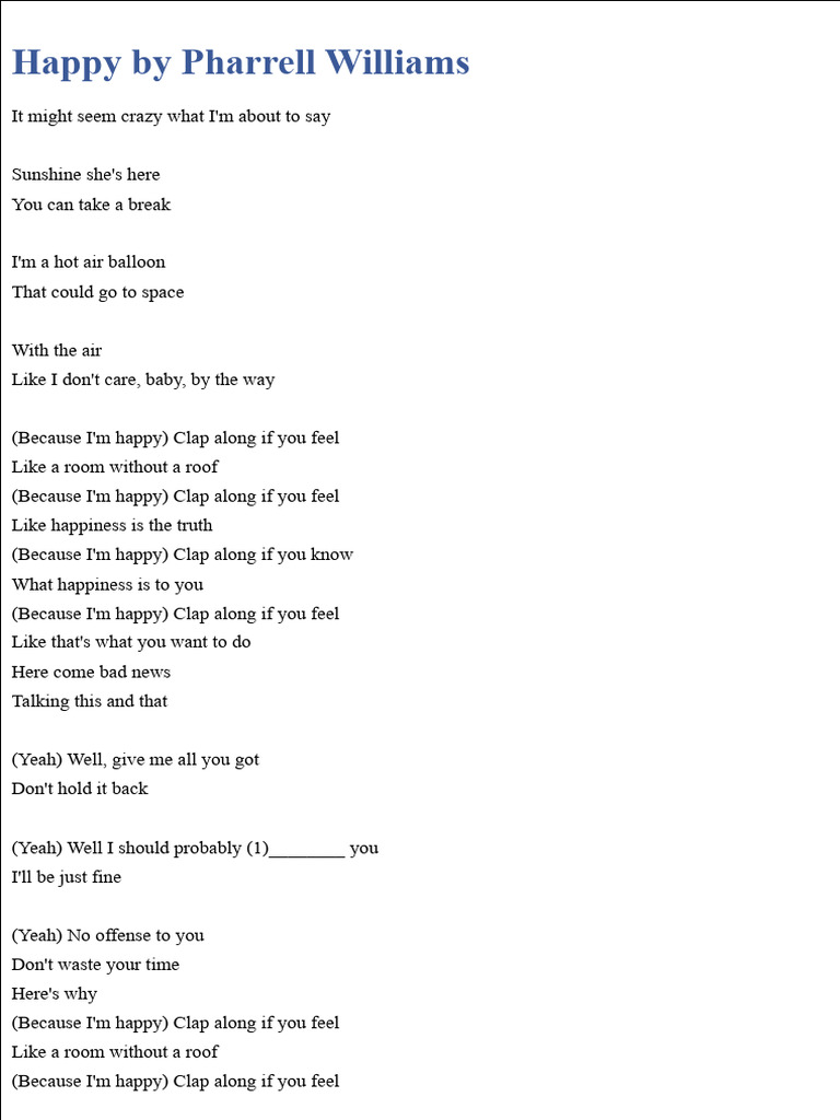 Pharrell Williams - Happy Lyrics Analysis | PDF