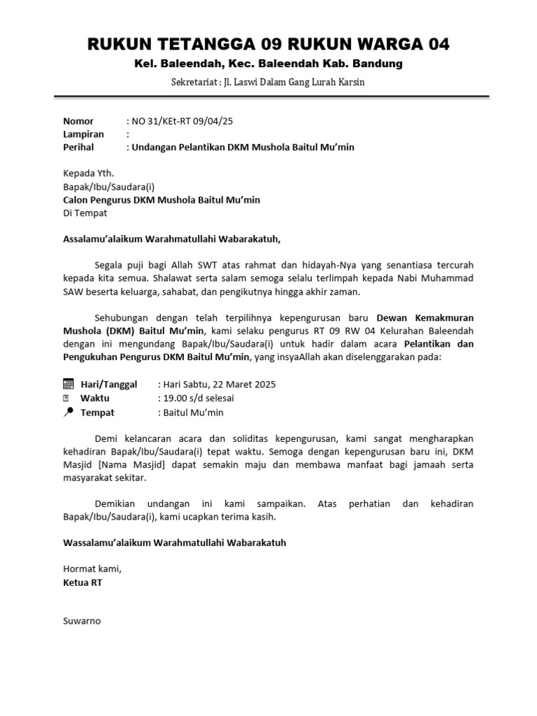 Suran Undangan Pelantikan DKM Mushola Baitul Mu'Min | PDF
