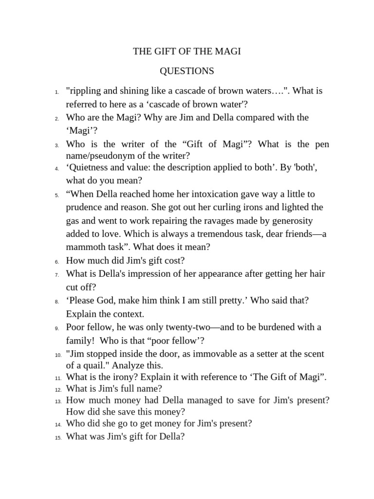Practice Questions Gift of the Magi (1) | PDF | Wisdom