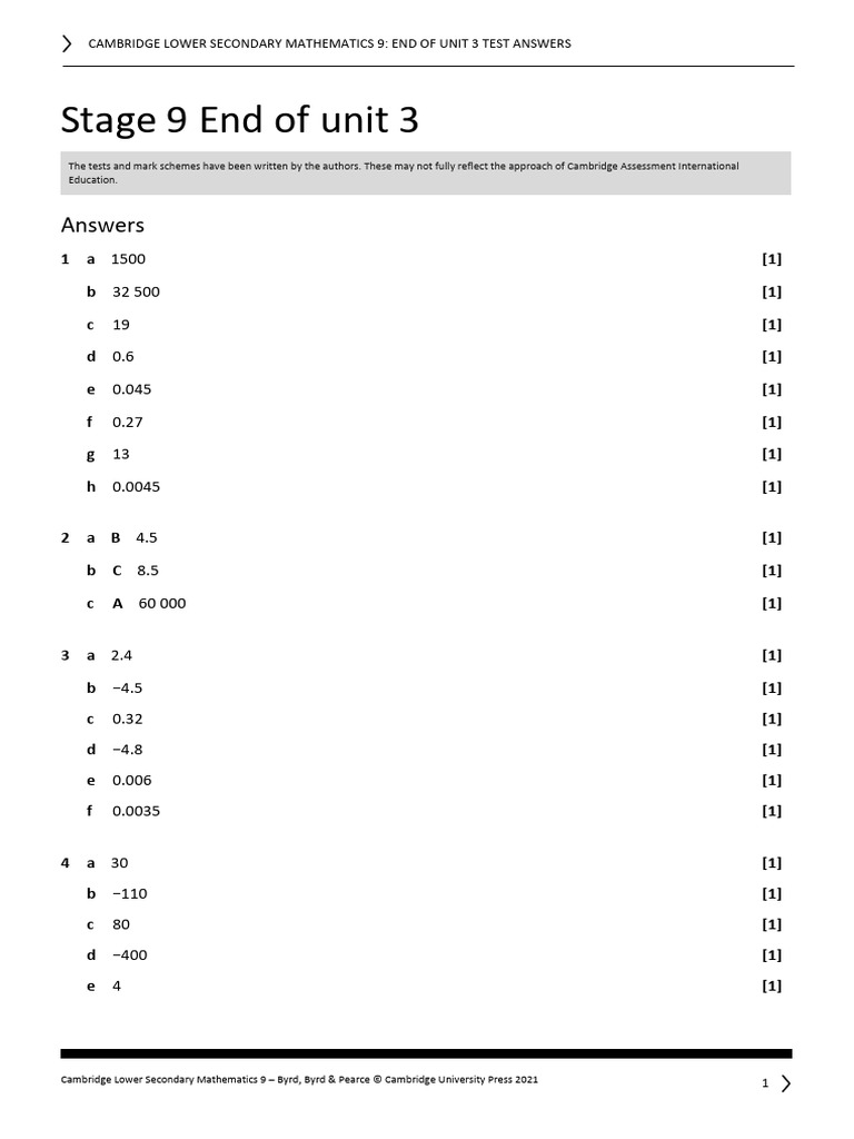 Cambridge Math 9 Unit 3 Test Answers | PDF