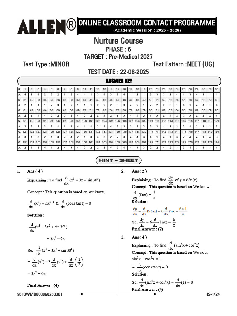 Minor Test-1 - NEET - Nurture - P6 - 22-06-2025 (Solution) | PDF ...