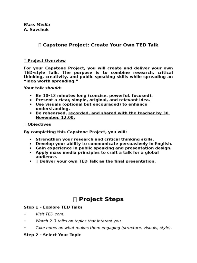 Create Your Own TED Talk Project Guide | PDF | Public Speaking | Human ...