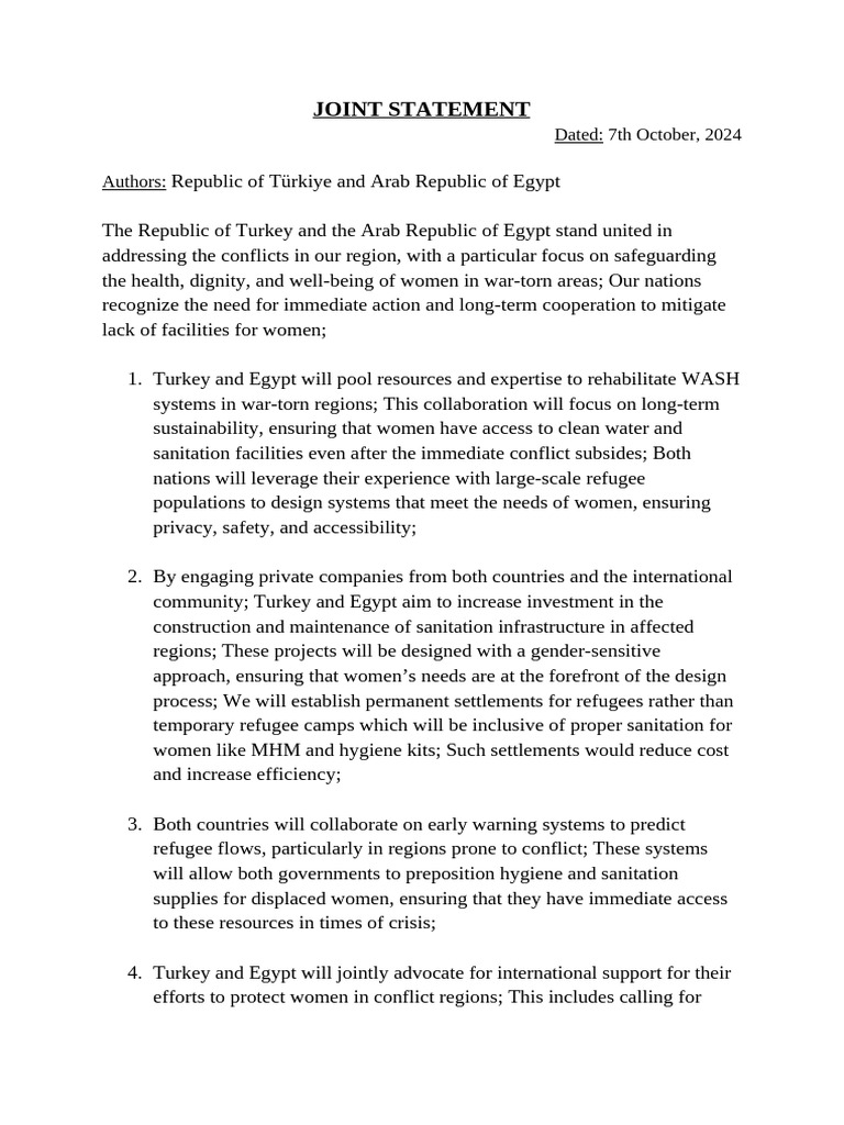 Turkey-Egypt Joint Statement on Women's Sanitation | PDF | Sanitation ...