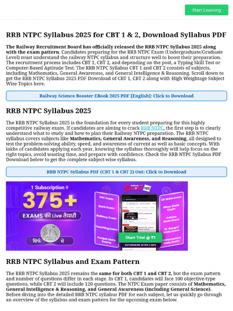 RRB NTPC Syllabus 2025 for CBT 1 & 2, Download Syllabus PDF | PDF
