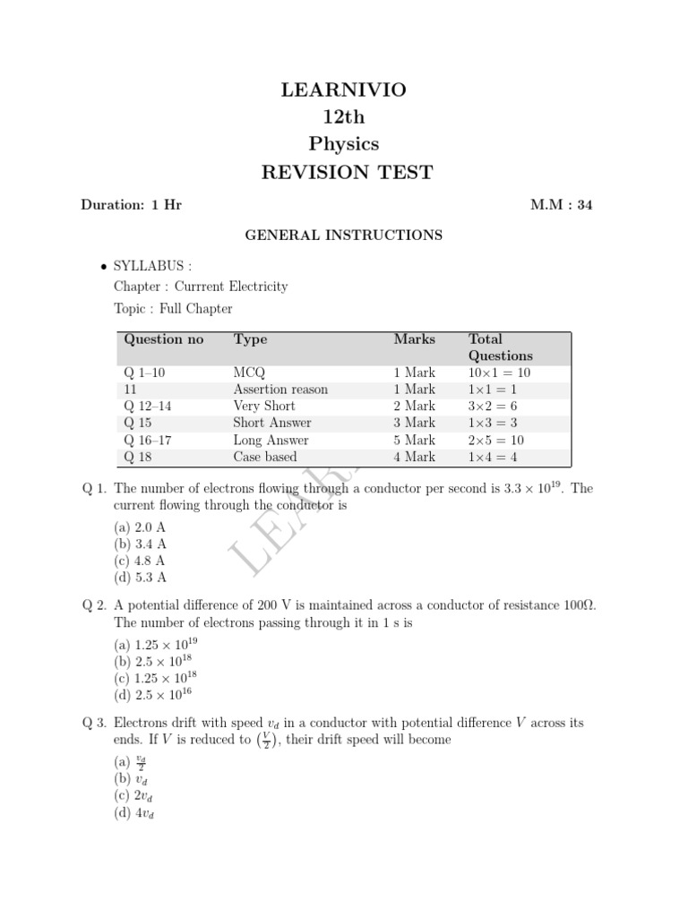 12th Grade Physics Current Electricity Test | PDF | Series And Parallel ...