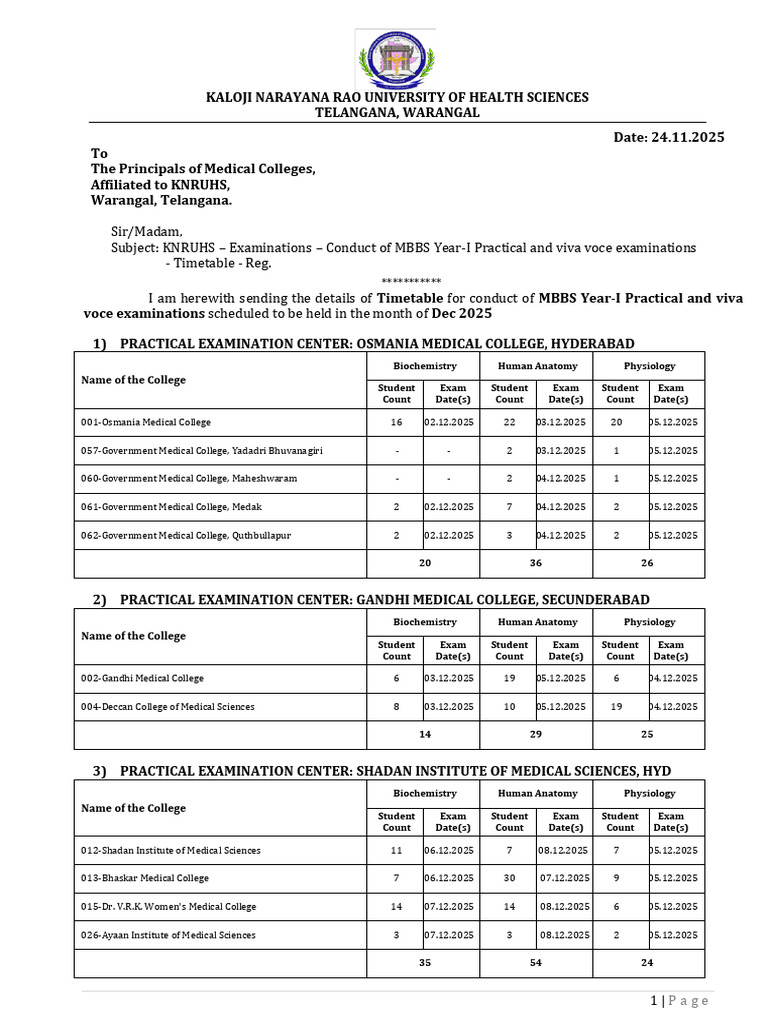 KNRUHS - I MBBS - Practical Exam Dates - Nov 2025 | PDF | Medical ...