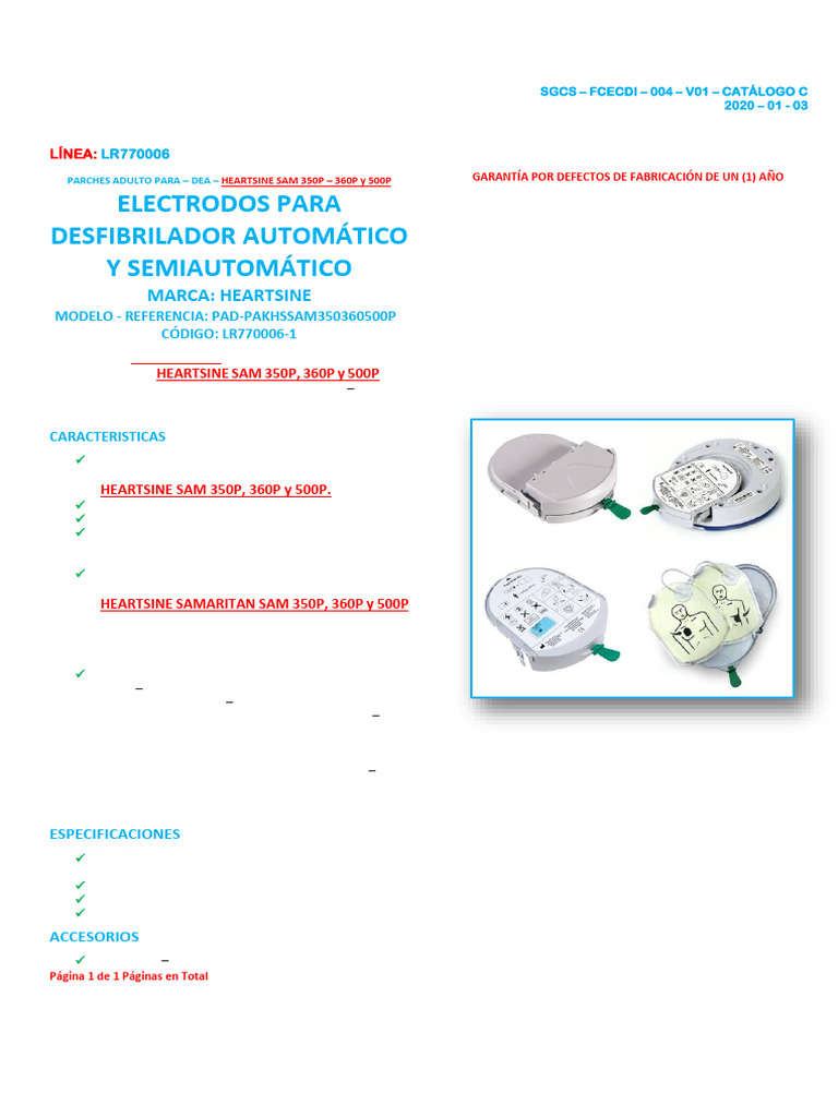 Electrodos Pad - Pak Dea Heartsine Samaritan Sam 350p - 360p y 500p | PDF