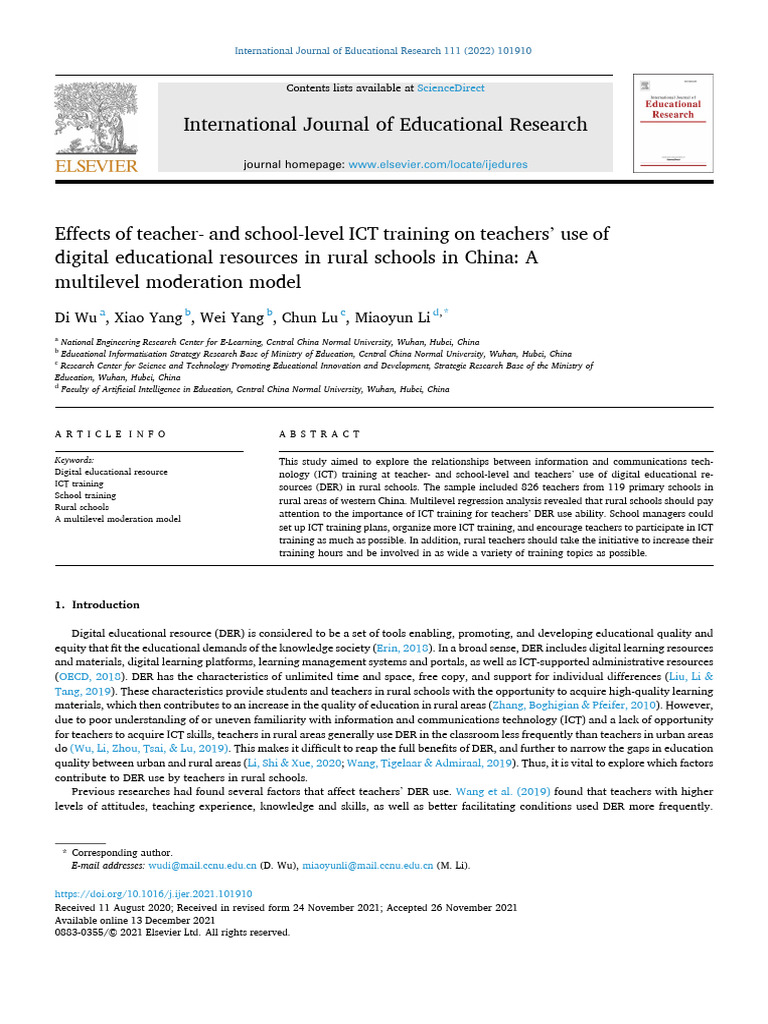 2022 IJER Effectsofteacher Andschool LevelICTtrainingonteacherDERuse ...