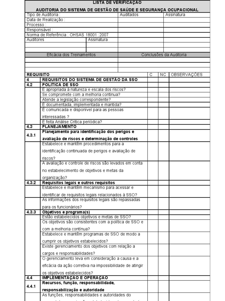 Check List OHSAS 18001 | PDF