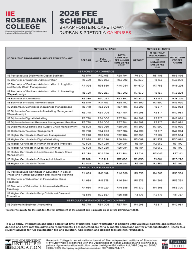2026 Rosebank College Fee Schedule | PDF | Payments | Debit Card