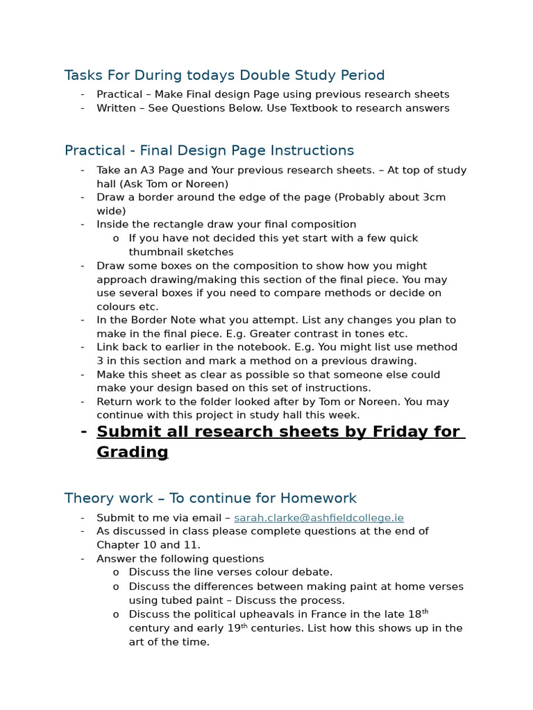 Tasks For Study Hall and Homework - Submit Friday at Latest. | PDF