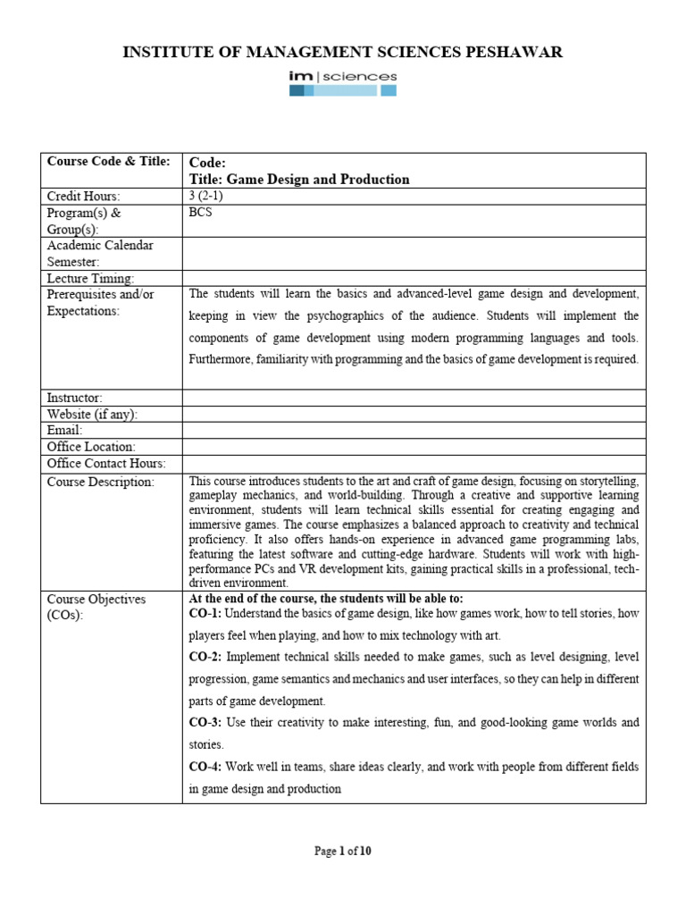 Game Design and Production Course Overview | PDF | Computer Science ...