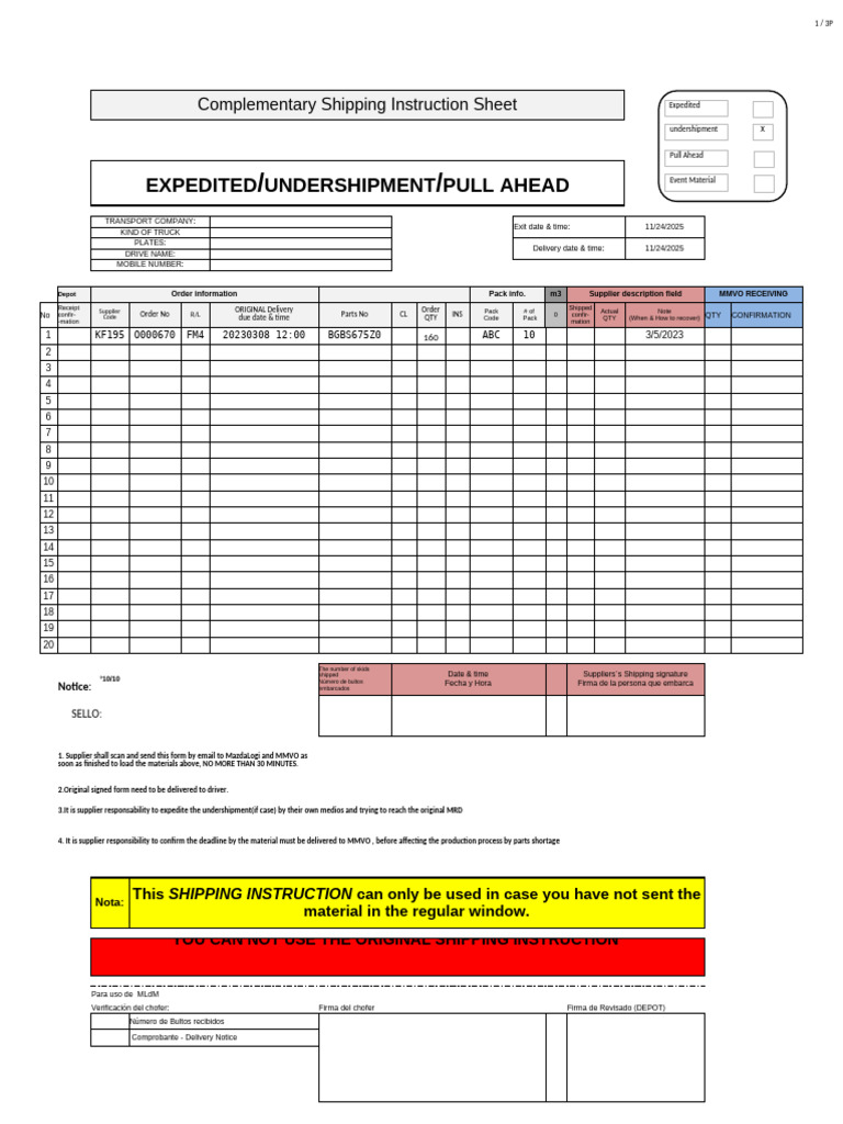 Complementary Shipping Instruction Sheet | PDF