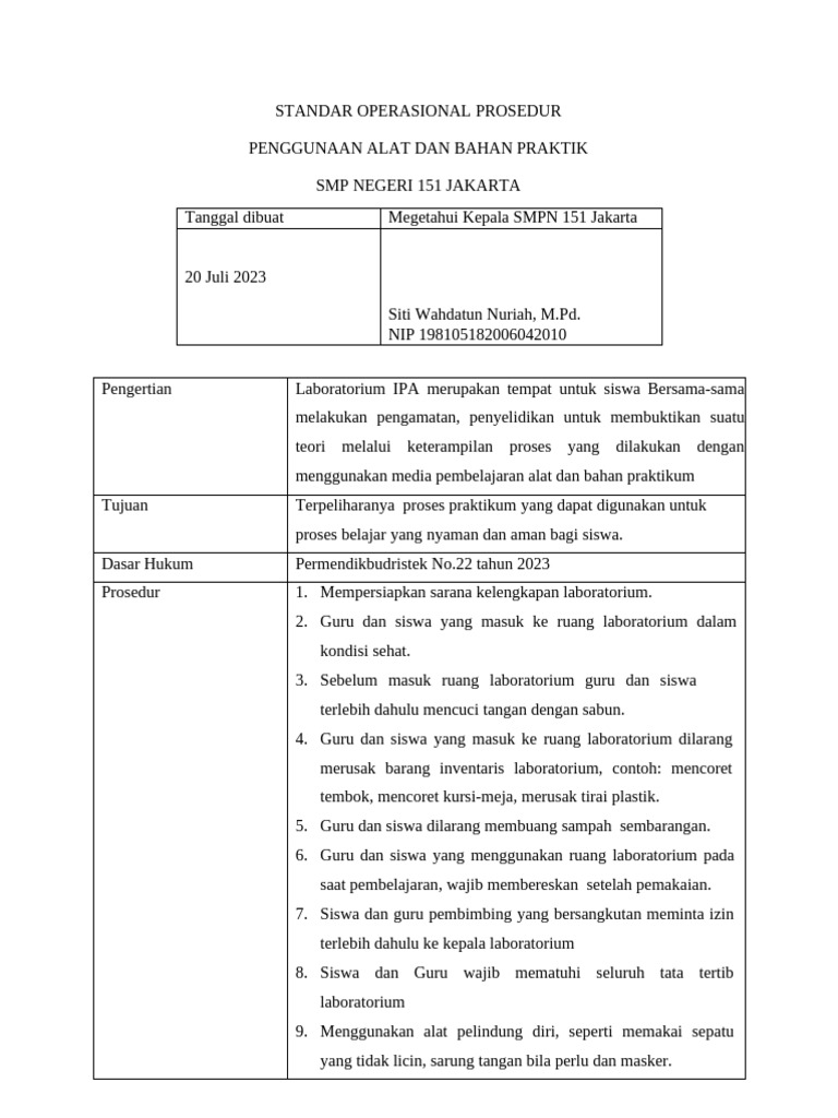 SOP Penggunaan Laboratorium IPA SMPN 151 | PDF