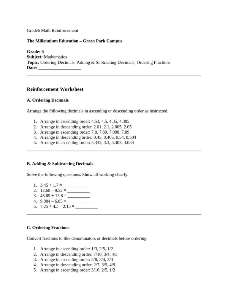 Grade6 Math Reinforcement Sheet | PDF